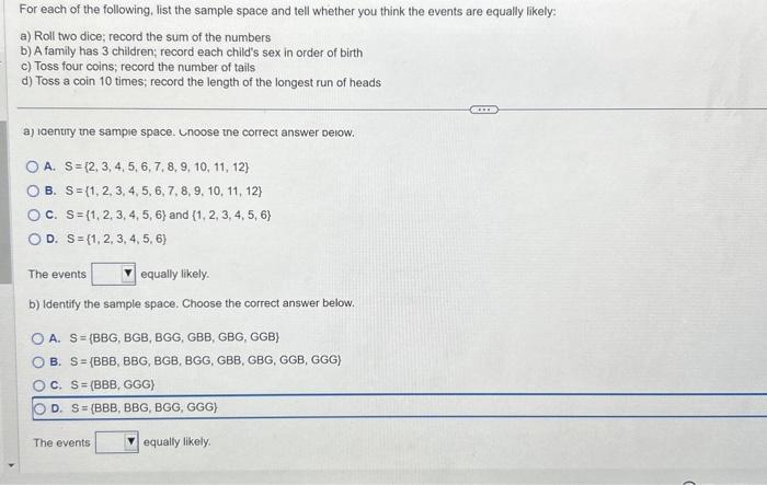 Solved For each of the following, list the sample space and | Chegg.com