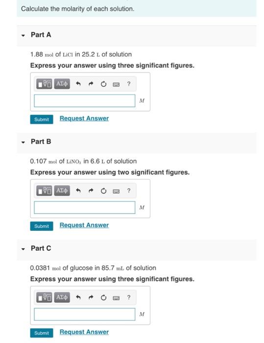 Solved Calculate the molarity of each solution. - Part A | Chegg.com