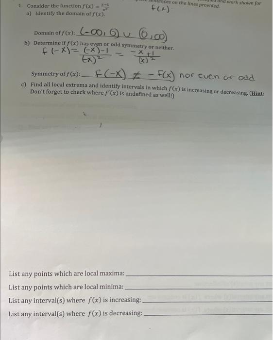 Solved 1. Consider the function f(x)=x2x−1 a) Identify the | Chegg.com