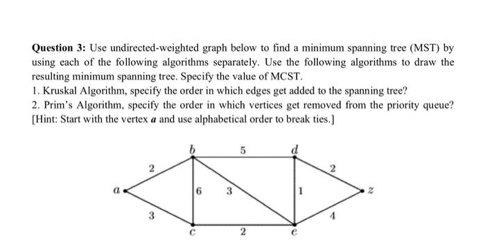 Solved Question 3: Use undirected-weighted graph below to | Chegg.com