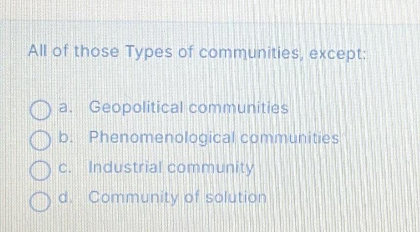 Solved All of those Types of communities, except:a. | Chegg.com