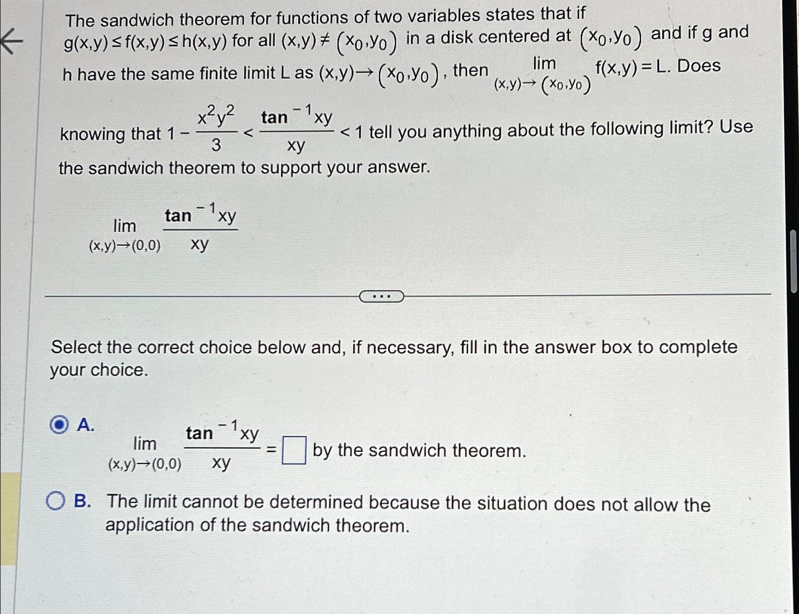Solved The sandwich theorem for functions of two variables | Chegg.com