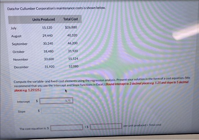 Solved Data for Cullumber Corporation's maintenance costs is | Chegg.com