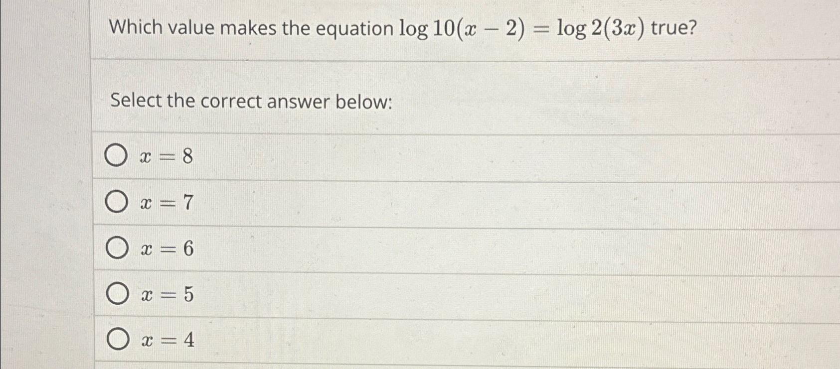 Solved Which value makes the equation log10(x-2)=log2(3x) | Chegg.com
