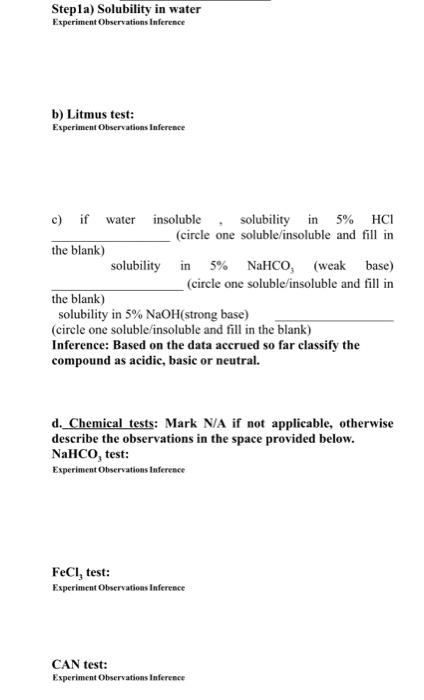 Solved NaHCO3 test compound + compound plus NaHCO3 water CAN | Chegg.com