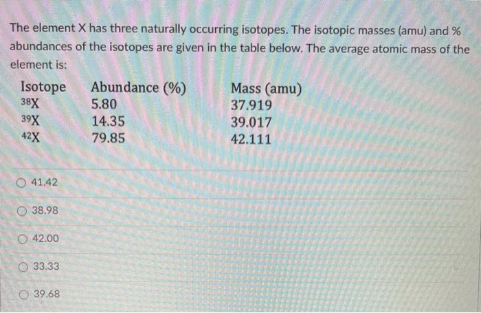 Solved The element X has three naturally occurring isotopes. | Chegg.com