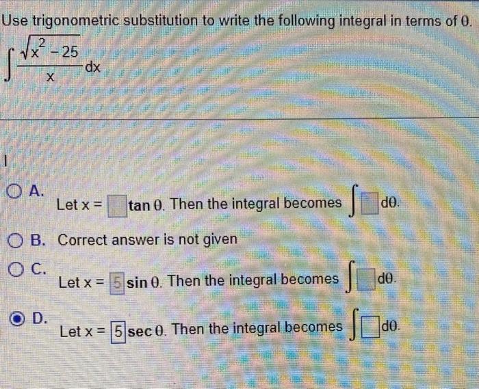 Solved Use trigonometric substitution to write the following | Chegg.com