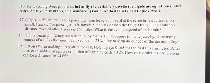 Solved For the following Word problems, indentify the | Chegg.com