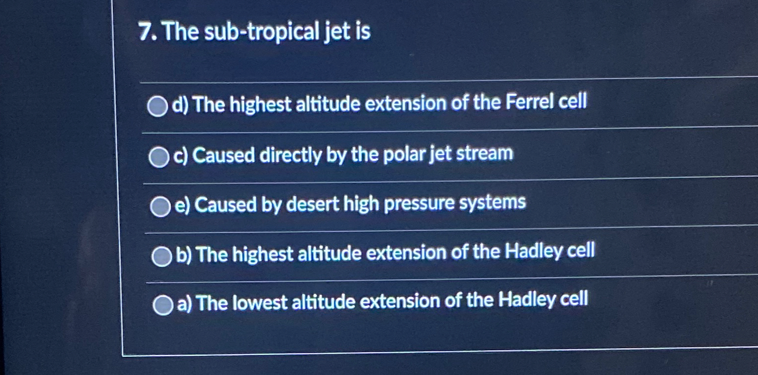 Solved The sub-tropical jet isd) ﻿The highest altitude | Chegg.com