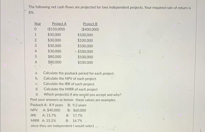 Solved The following net cash flows are projected for two | Chegg.com