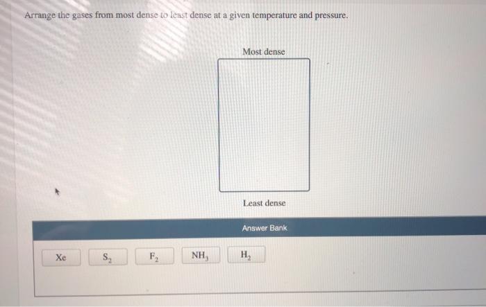 Solved Arrange the gases from most dense to least dense at a | Chegg.com