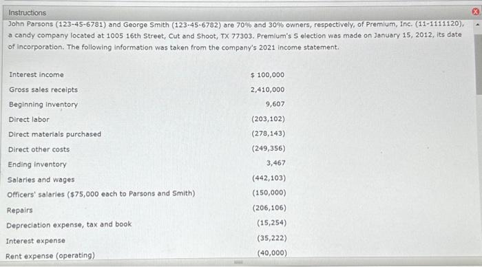 Solved 2021 Federal Statements Page 1 Premium, Inc. | Chegg.com