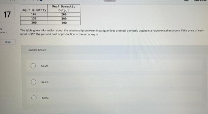 Solved VE 17 Input Quantity 100 150 200 Real Domestic Output | Chegg.com