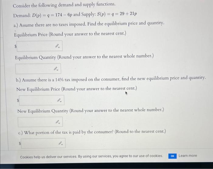 Solved Consider the following demand and supply functions. | Chegg.com