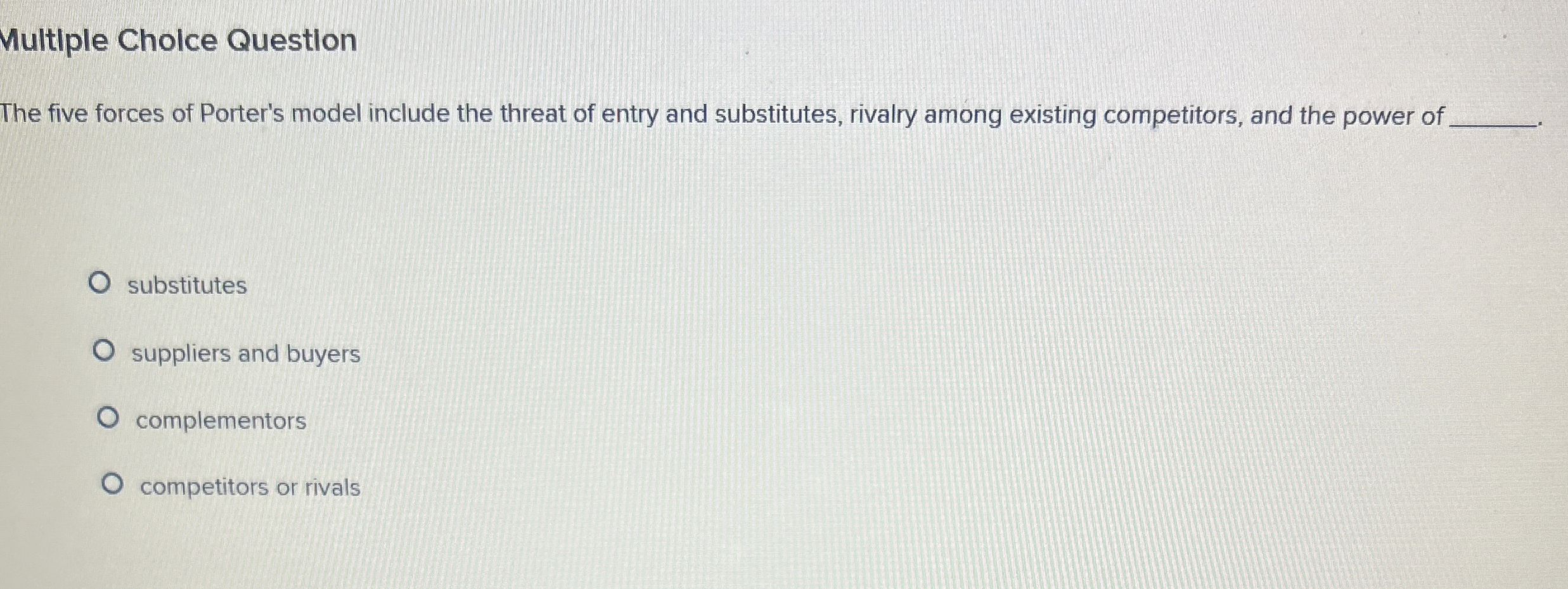 Solved Multiple Cholce QuestlonThe five forces of Porter's | Chegg.com