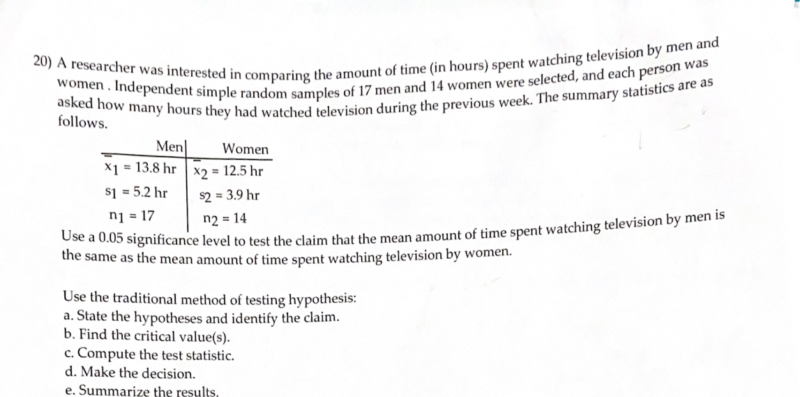 Solved A researcher was interested in comparing the amount | Chegg.com