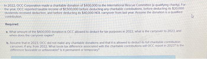 Solved In 2022 , OCC Corporation made a charitable donation | Chegg.com