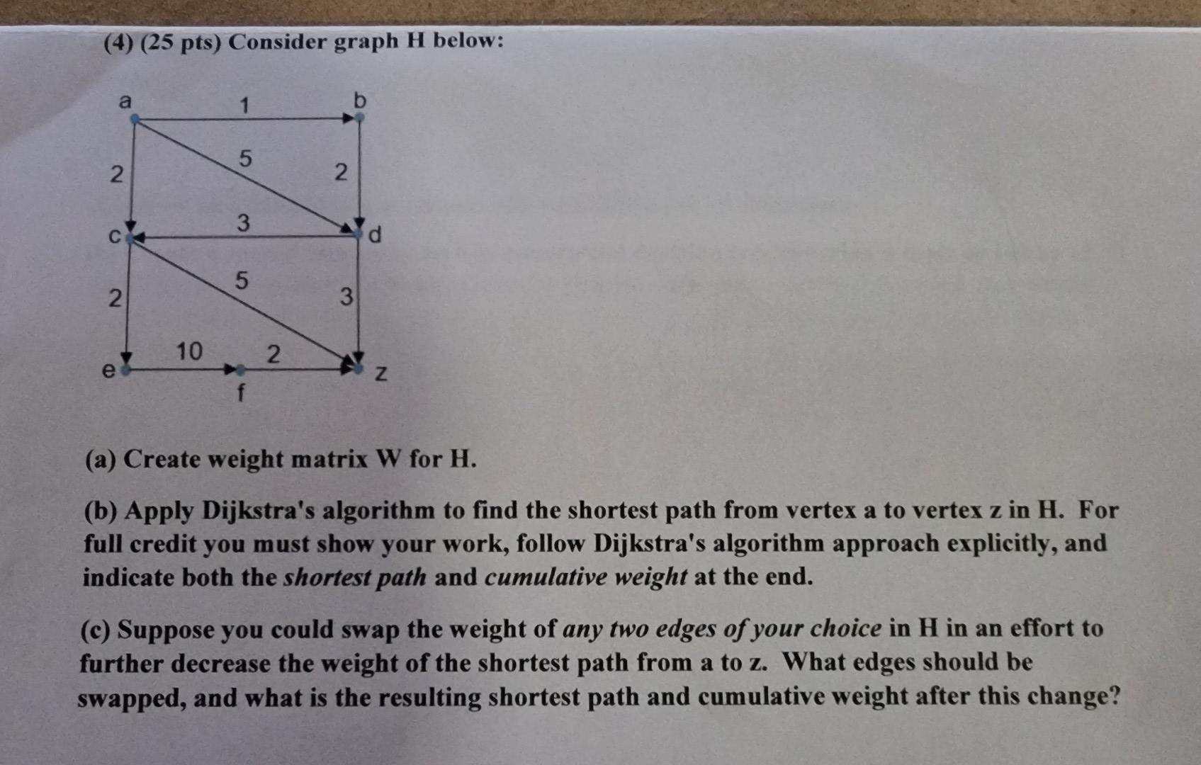 Solved (4) (25 pts) Consider graph H below: (a) Create | Chegg.com