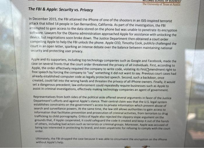 Solved The FBI \& Apple: Security vs. Privacy Apple and the | Chegg.com