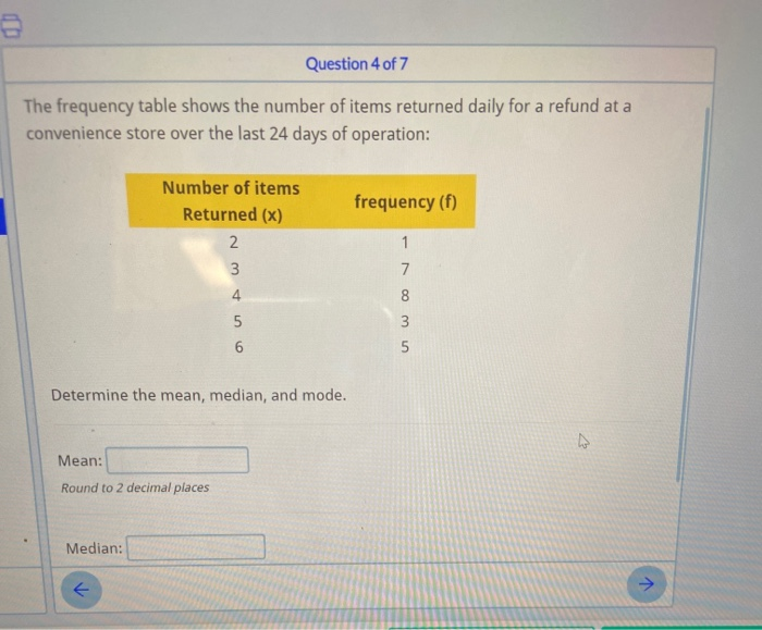 Solved Question 4 of 7 The frequency table shows the number | Chegg.com