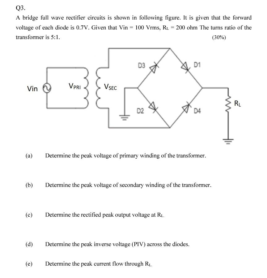 Solved Q3. A bridge full wave rectifier circuits is shown in | Chegg.com