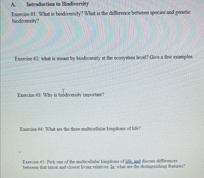 Solved A Introduction to Biodiversity Exercise #1: What is | Chegg.com
