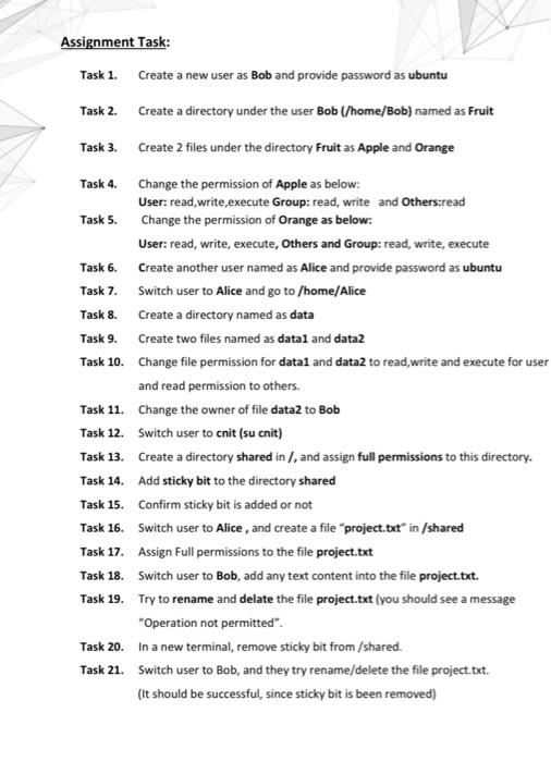 Solved Assignment Task: Task 1. Create a new user as Bob and | Chegg.com