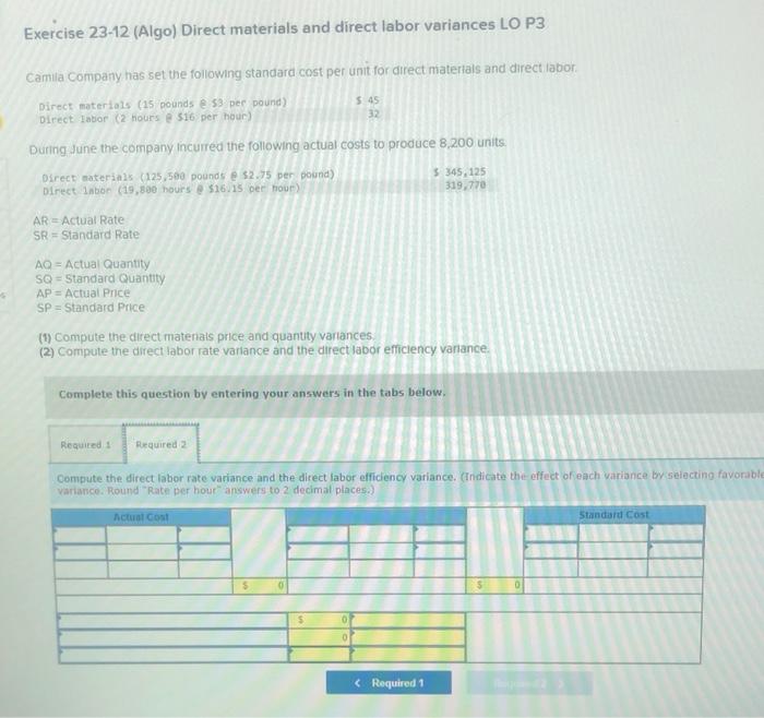 Solved Exercise 23-12 (Algo) Direct materials and direct | Chegg.com