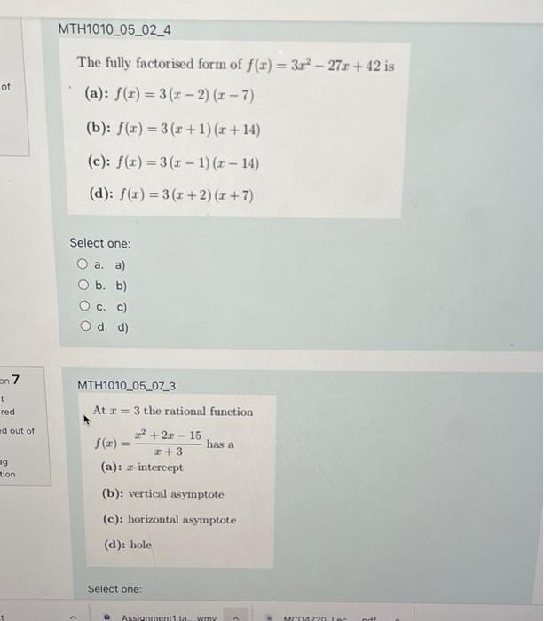 Solved MTH1010_05_02_4 The fully factorised form of f(x) = | Chegg.com