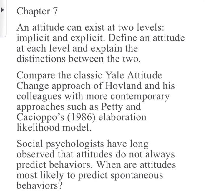 Solved Chapter 7 An attitude can exist at two levels: | Chegg.com