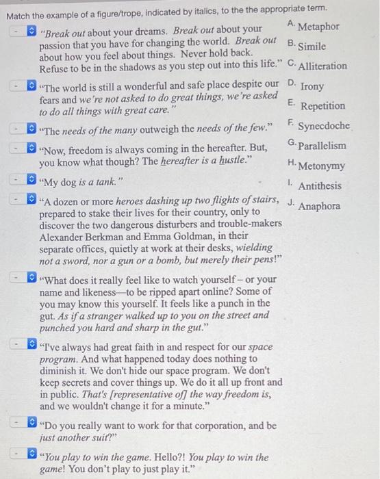 Solved A. Metaphor B. Simile F. J. Match the example of a | Chegg.com