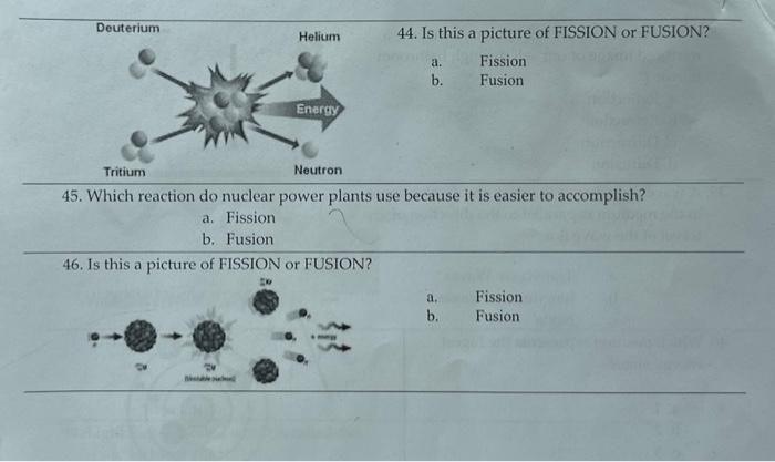 Solved 44. Is this a picture of FISSION or FUSION? a. | Chegg.com