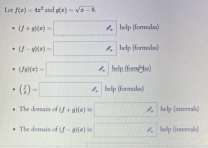 Solved Let f(x)=x2−2x and g(x)=8−x2.- (fg)(x)= help | Chegg.com