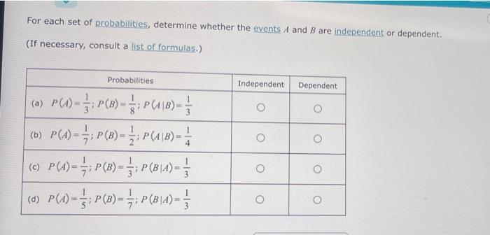 Solved For each set of probabilities, determine whether the | Chegg.com