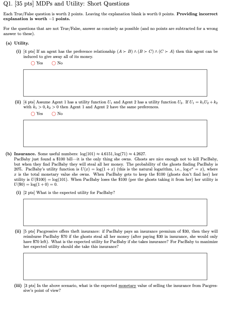 Solved Q1. [35 pts] MDPs ﻿and Utility: Short QuestionsEach | Chegg.com