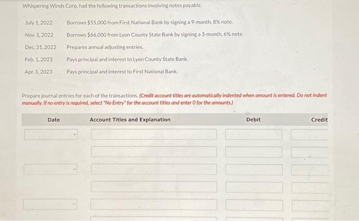 Solved Whispering Winds Corp. had the following transactions | Chegg.com