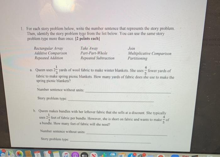 Solved 1. For each story problem below, write the number | Chegg.com