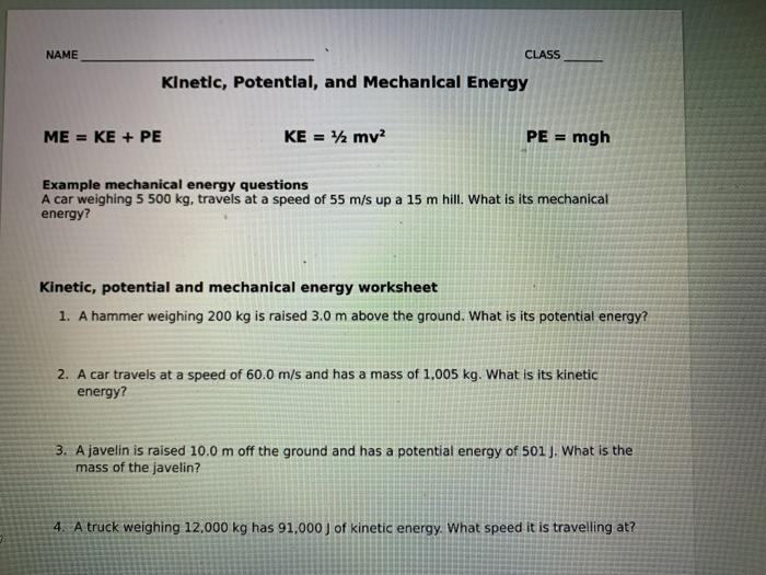 Solved NAME CLASS Kinetic, Potential, and Mechanical Energy | Chegg.com