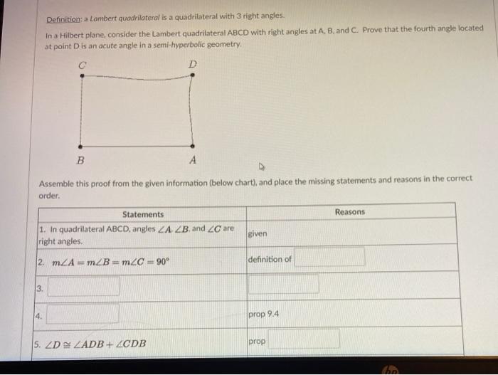 Solved Definition: a Lambert quadrilateral is a | Chegg.com