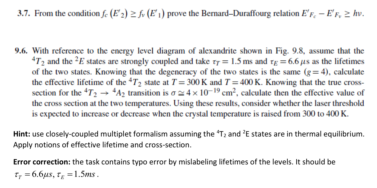 Solved 3.7. ﻿From the condition fc(E2')≥fv(E1') ﻿prove the | Chegg.com