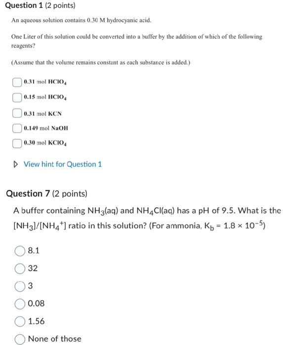Solved An aqueous solution contains 0.30M hydrocyanic acid. | Chegg.com