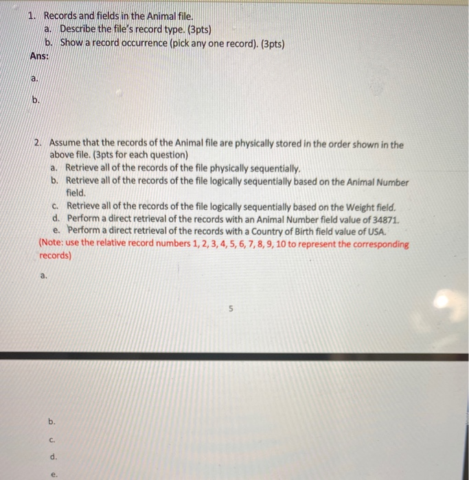 Solved III. Questions: (21 points) The following Animal File | Chegg.com