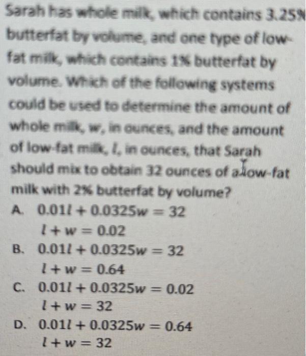 Solved Sarah has whole milk, which contains 3.259 butterfat | Chegg.com