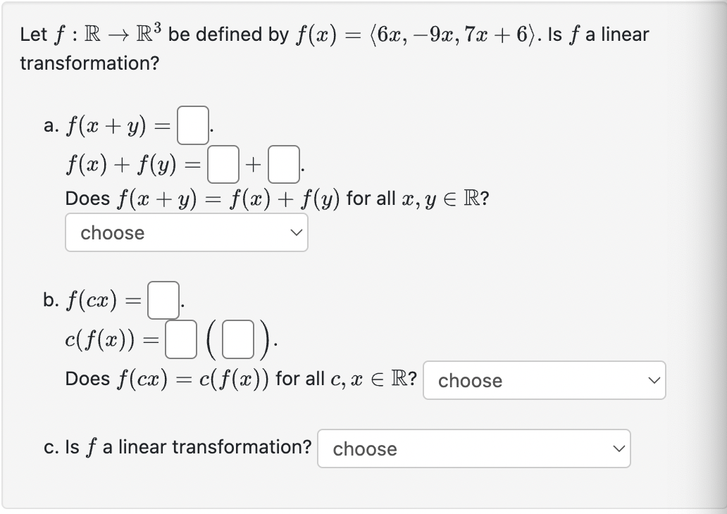 Solved Let f:R→R3 ﻿be defined by f(x)=(:6x,-9x,7x+6:). ﻿Is f | Chegg.com