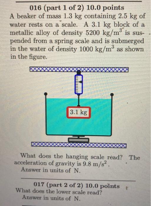 Solved 016 (part 1 of 2 ) 10.0 points A beaker of mass 1.3 | Chegg.com