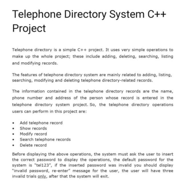 Solved Telephone Directory System C++ Project Telephone | Chegg.com