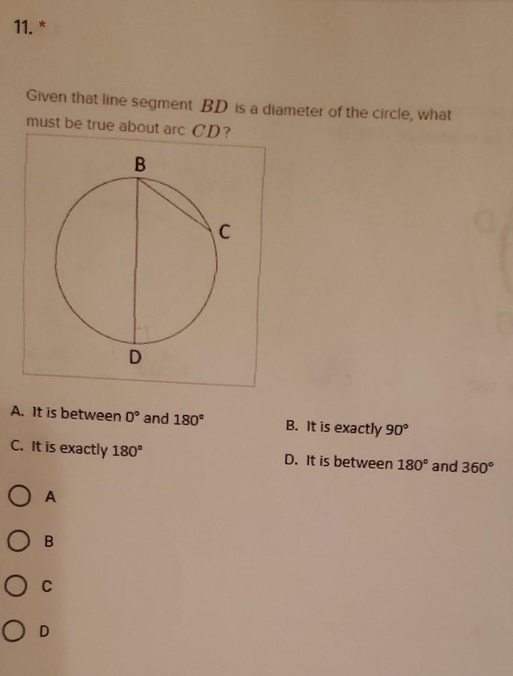 Solved 11. * Given that line segment BD is a diameter of the | Chegg.com