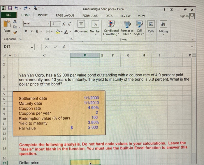 Solved Calculating a bond price - Excel ? 6 X FILE HOME | Chegg.com