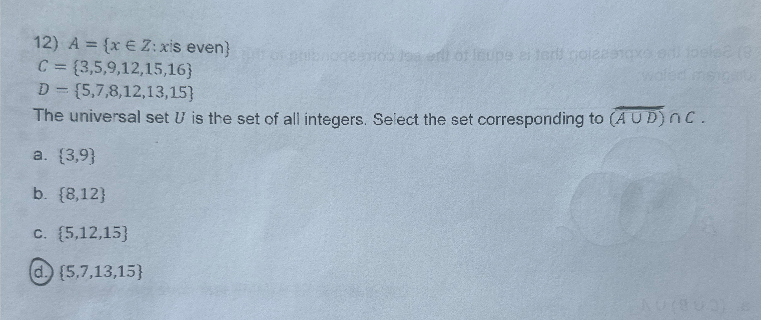 Solved 12The universal set U ﻿is the set of all integers. | Chegg.com