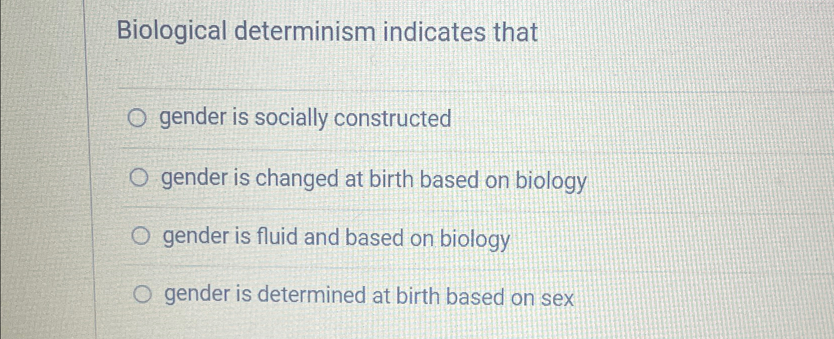 Solved Biological determinism indicates thatgender is | Chegg.com